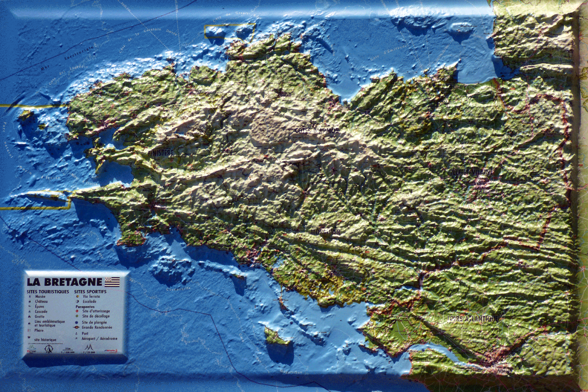 Raised relief map Brittany, medium as 3d map