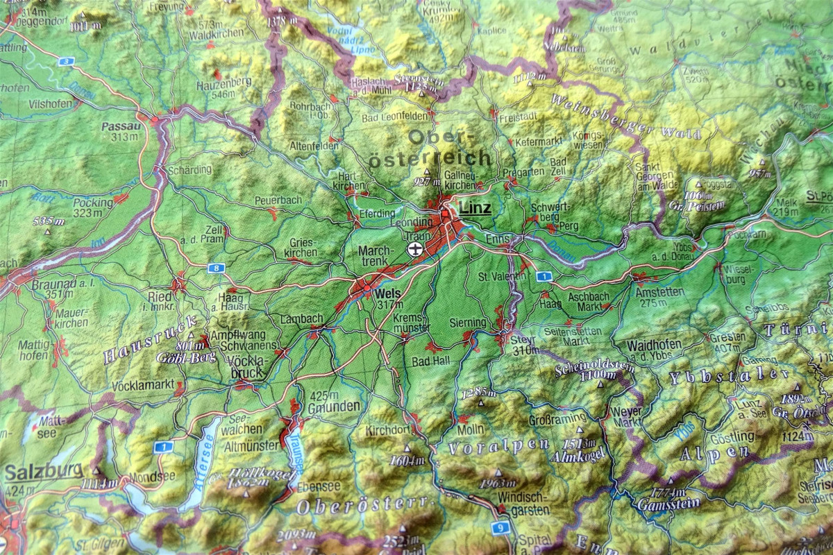 Raised relief map Austria as 3d map